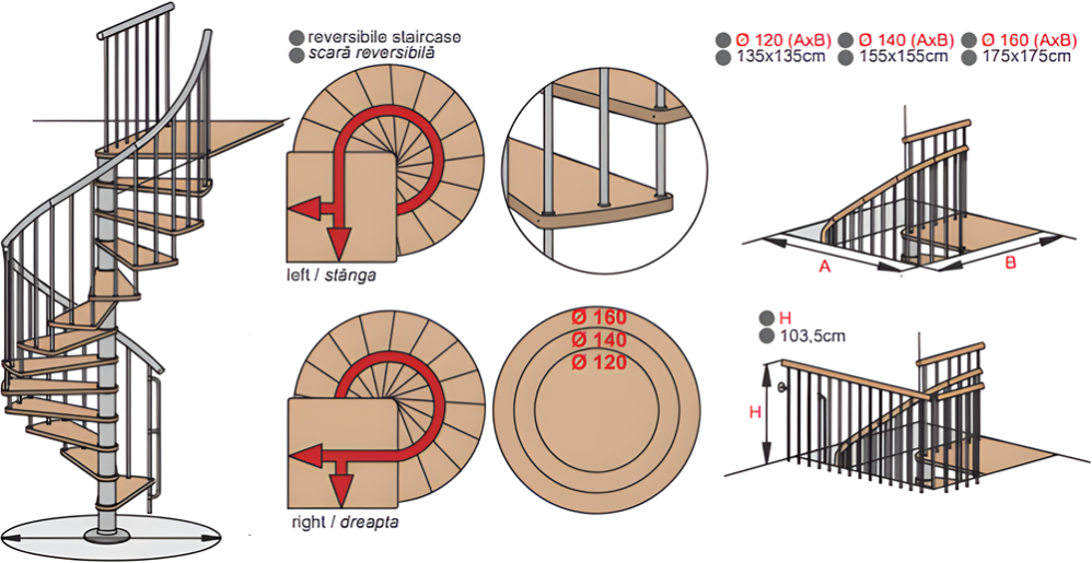 HandyStairs escalier colimaçon en métal "Bari" - 12 marches en hêtre ...